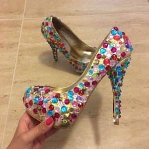 Shiekh | Shoes | Multi Color Beaded Rhinestone Metallic Heels | Poshmark